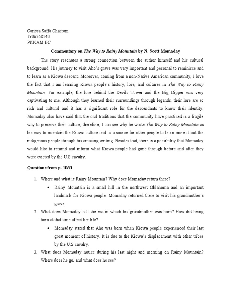 Commentary On The Way To Rainy Mountain by N. Scott Momaday | PDF