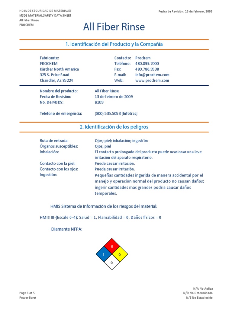 MSDS B109 All Fiber Rinse | PDF | Contaminación | Solubilidad