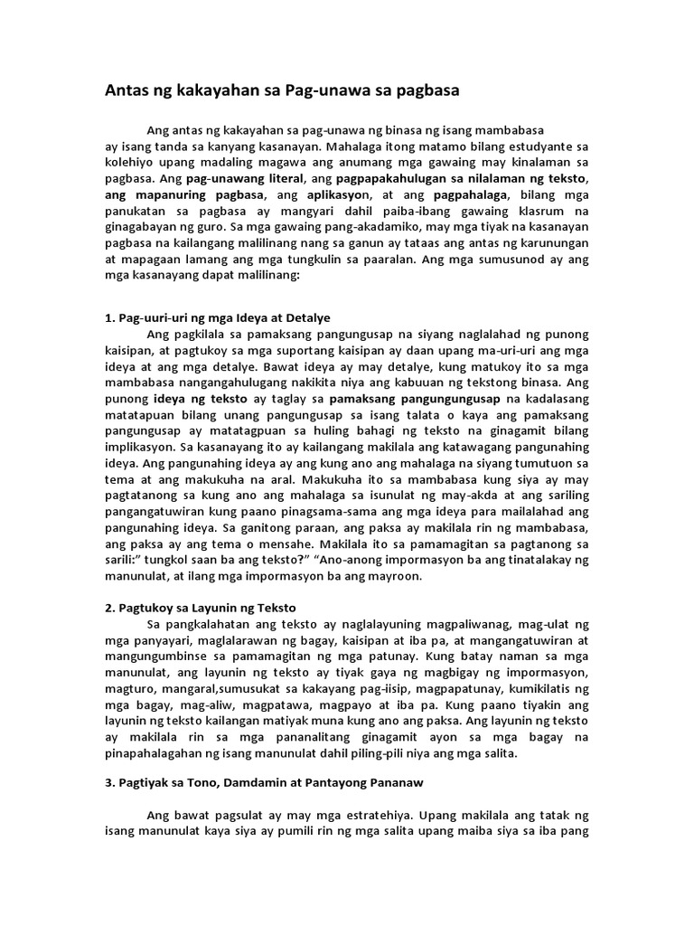 Antas NG Kakayahan Sa Pagbasa | PDF