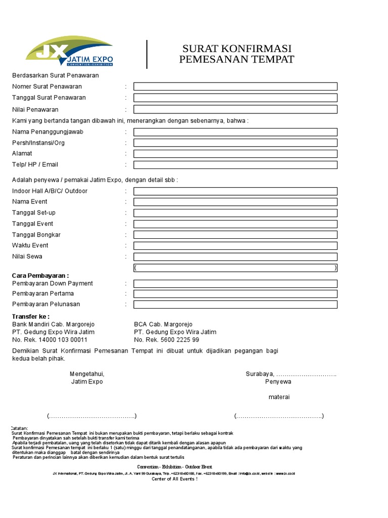 Master - SURAT KONFIRMASI SEWA HALL TEMPAT JX - 2021 | PDF