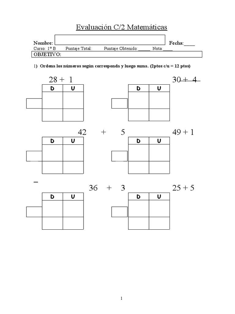 Prueba Sumar Restas Problemas Hasta 100 | PDF