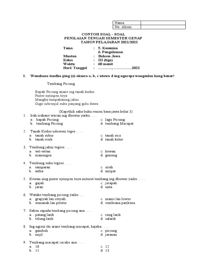 Soal PTS 2 B Jawa Kl. 3 | PDF