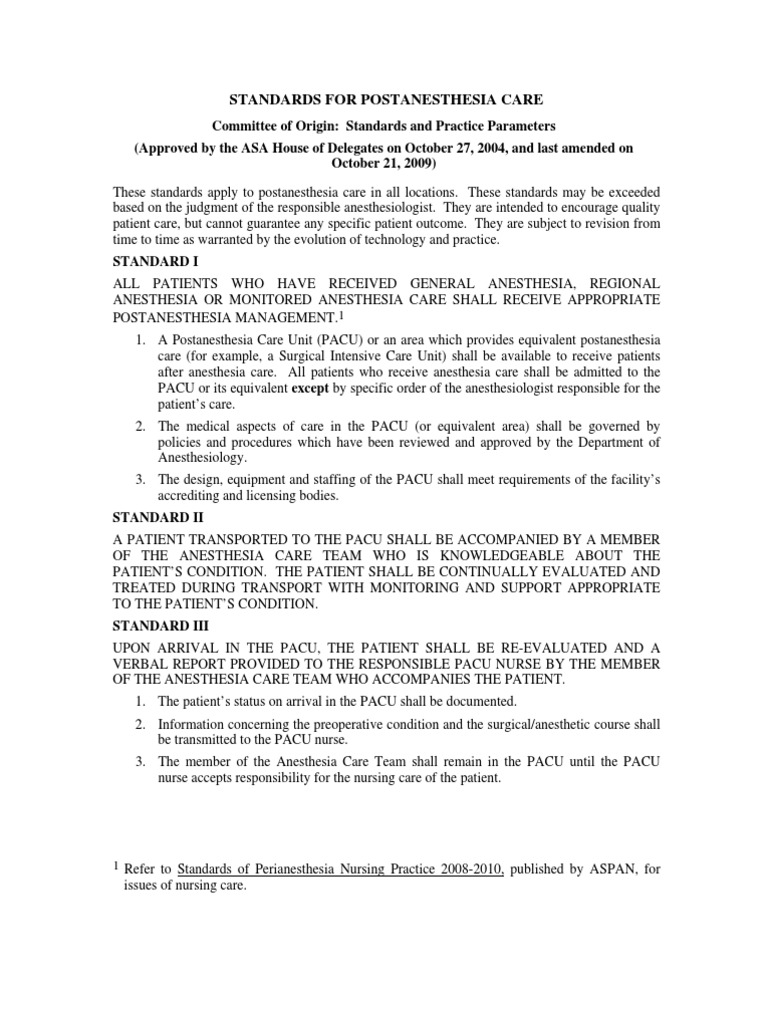 Standards For Post Anesthesia Care | PDF | Anesthesia | Health Care