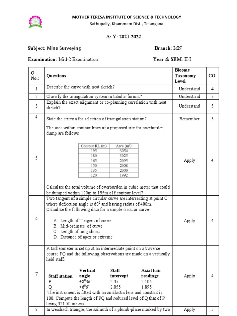 Mine Surveying mid-2-CO - PO 21-22 | PDF | Surveying | Elementary Geometry