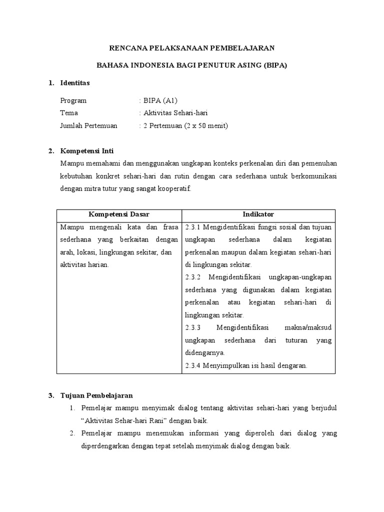 Rencana Pelaksanaan Pembelajaran Bahasa Indonesia Bagi Penutur Asing (Bipa) 1. Identitas | PDF
