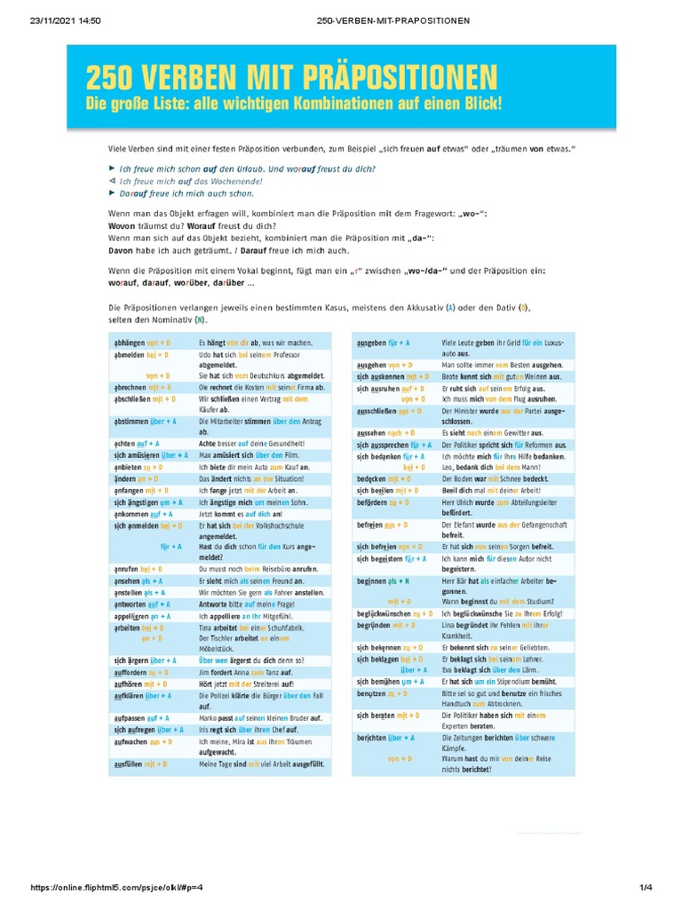 250 Verben Mit Prapositionen | PDF