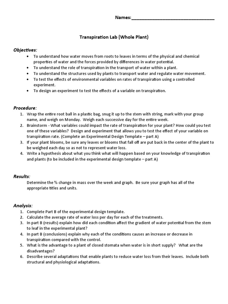 Whole Plant Transpiration Lab Guide | PDF | Experiment | Design Of ...