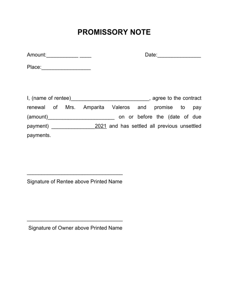 Promissory Note Template for Renters | PDF | Finance & Money Management ...