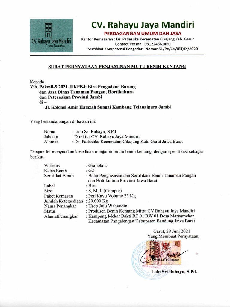 Surat Pernyataan Penjaminan Mutu Benih Kentang-Ok | PDF