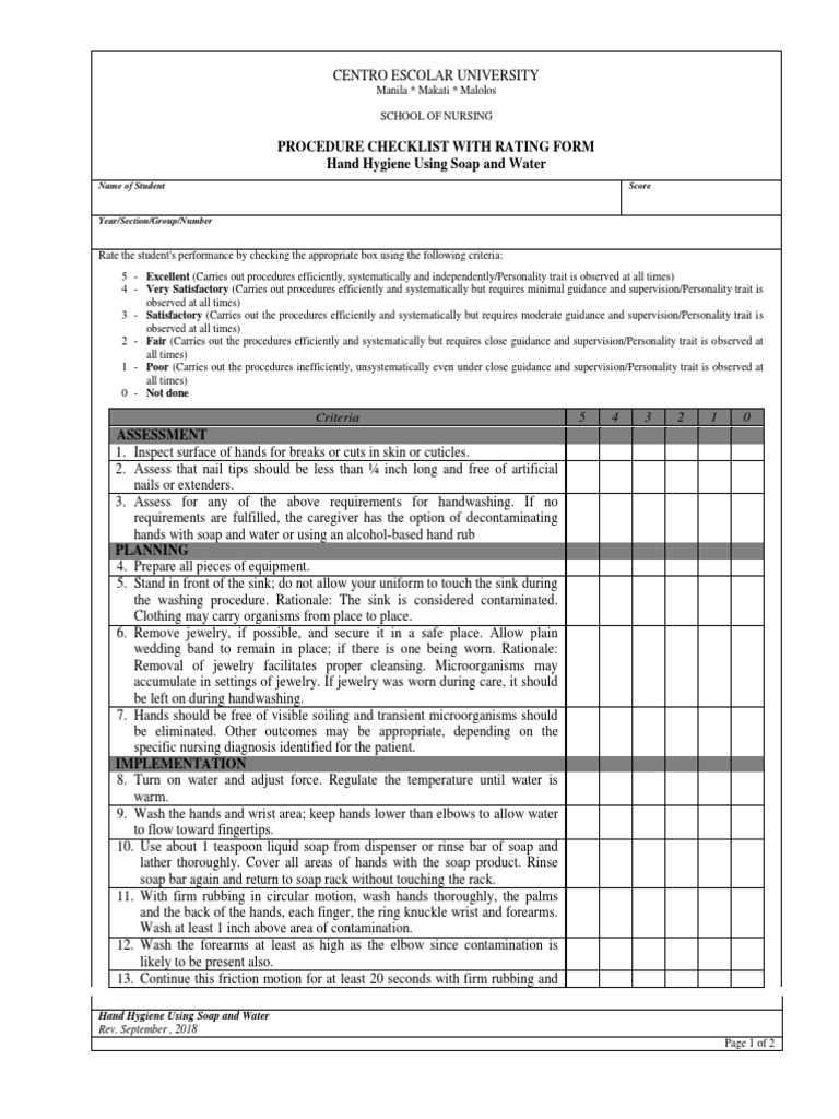 Procedure Checklist With Rating Form Hand Hygiene Using Soap and Water ...