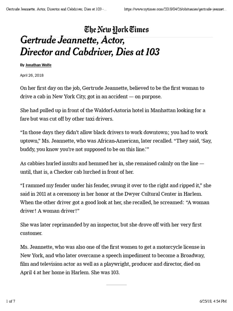 Gertrude Jeannette, Actor, Director and Cabdriver, Dies at 103 - The ...