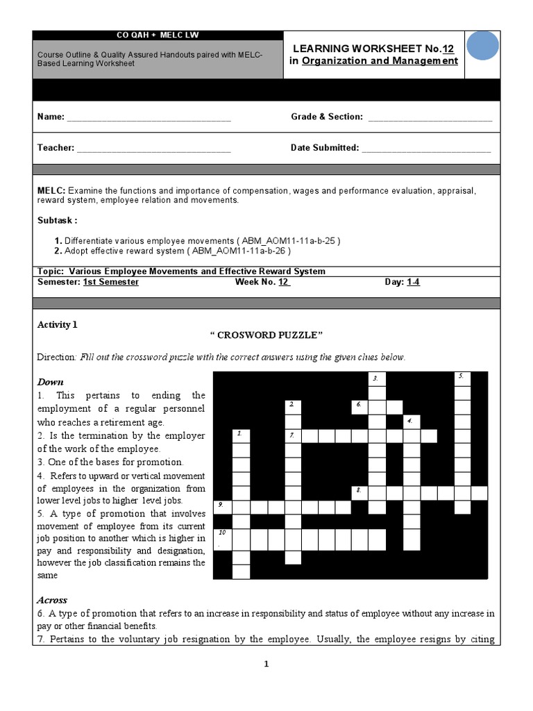 Learning Worksheet No.12 in Organization and Management: Reward System ...