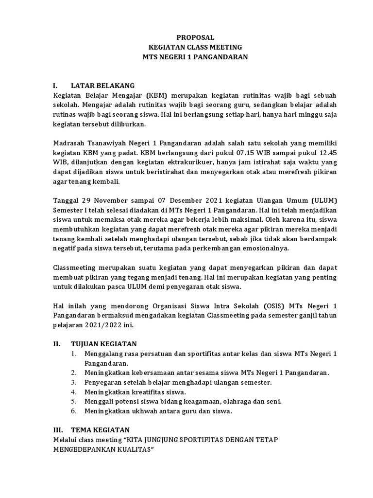 Proposal Kegiatan Class Meeting MTS 2021 | PDF