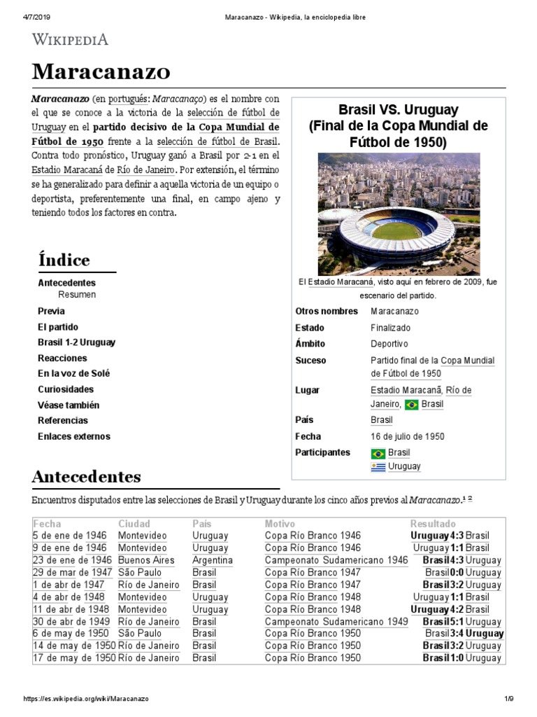 Maracanazo - Wikipedia, La Enciclopedia Libre | PDF | Deportes de ...