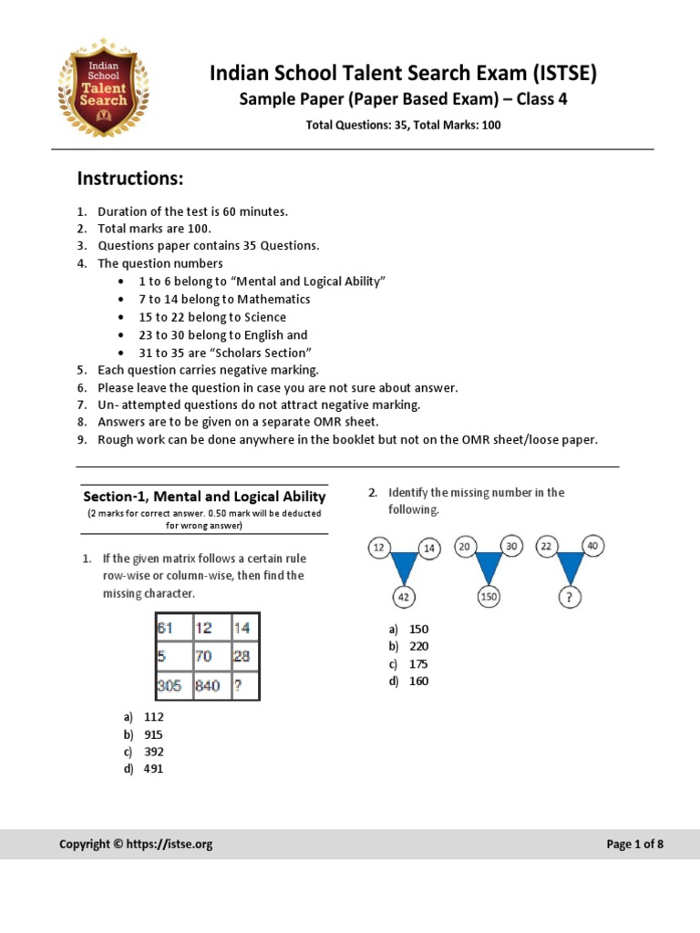 Indian School Talent Search Exam (ISTSE) : Instructions | PDF | Adverb ...