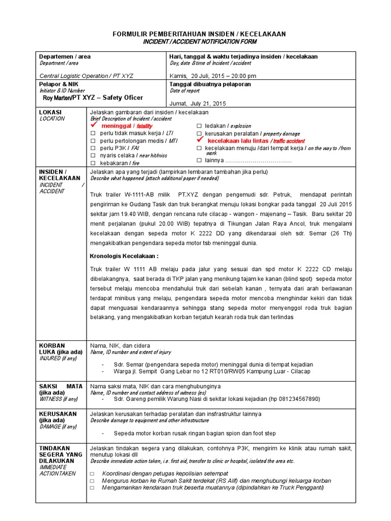 Contoh Baru Accident Notification Report | PDF