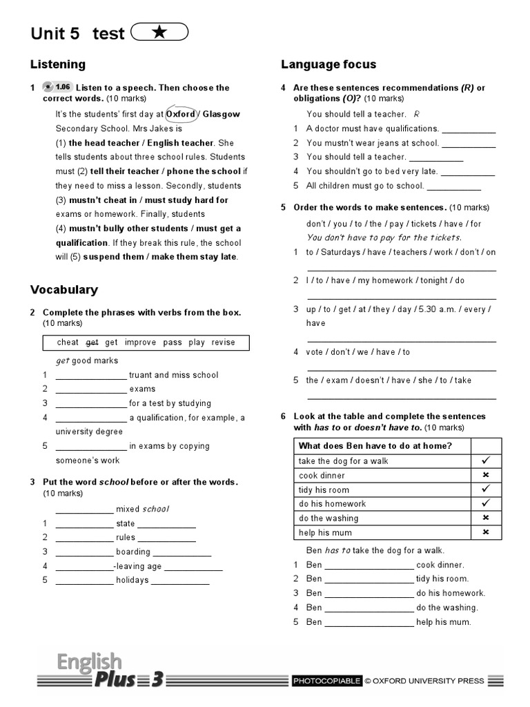 Unit 5 Test: Listening Language Focus | PDF | Test (Assessment) | Teachers