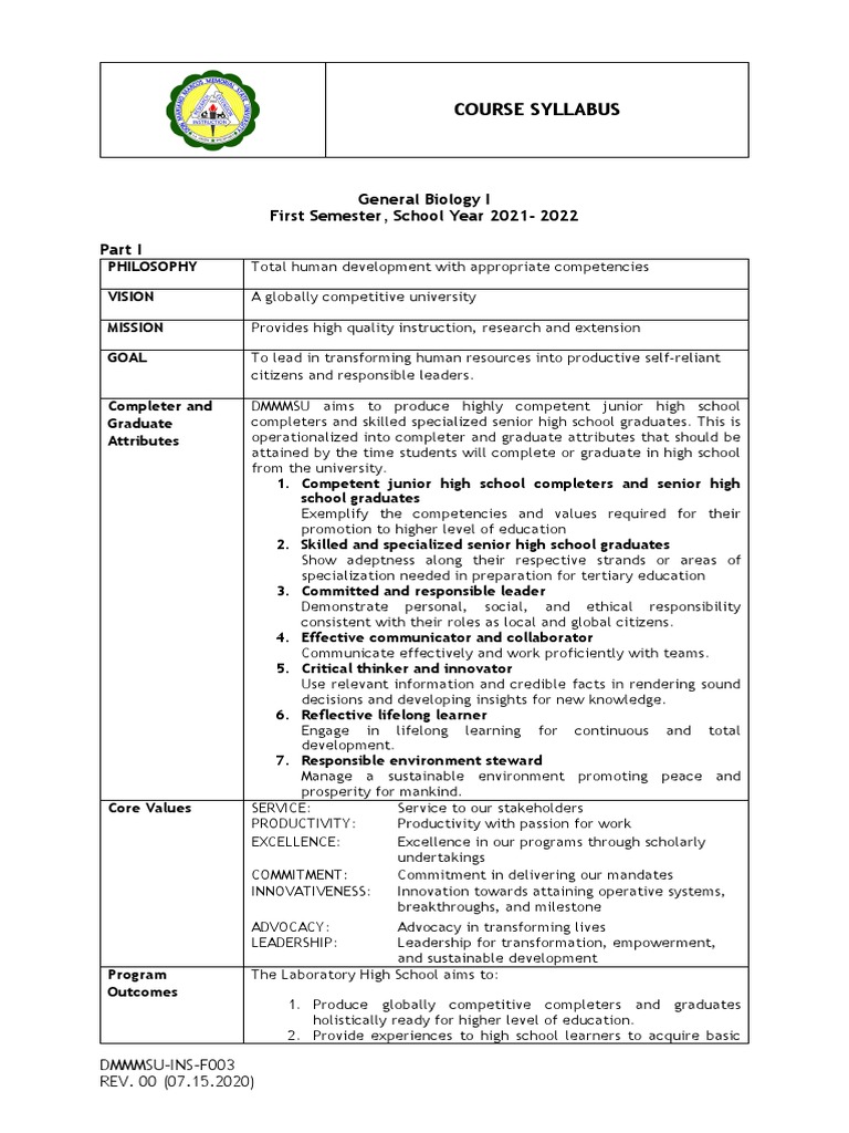 Course-Syllabus-Gen Bio 1 | PDF | Cell (Biology) | Biology