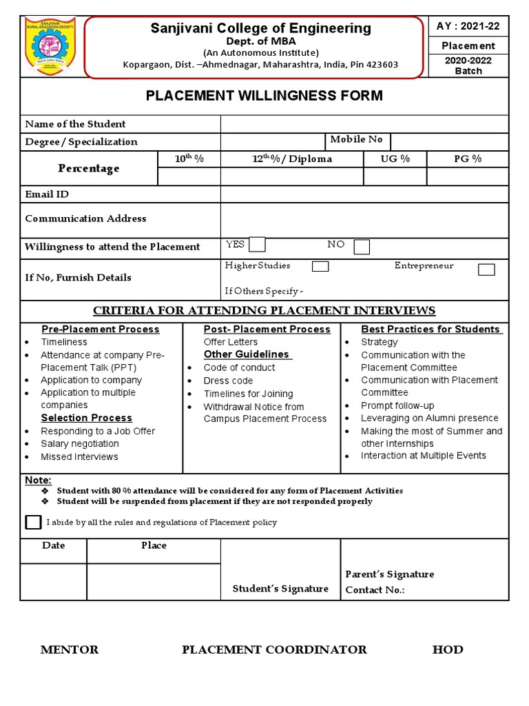 Placement Willingness Form For Batch 2020-2022 (Sanjivani MBA) | PDF ...