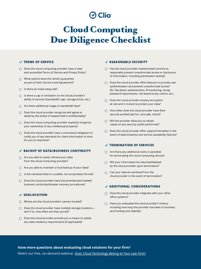 Cloud Computing Due Diligence Checklist | PDF | Cloud Computing | Secure Communication