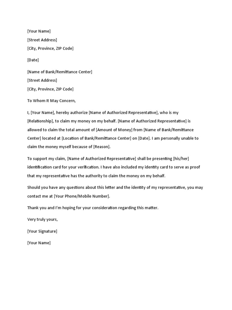 Sample Authorization Letter To Claim Money | PDF | Finance & Money ...