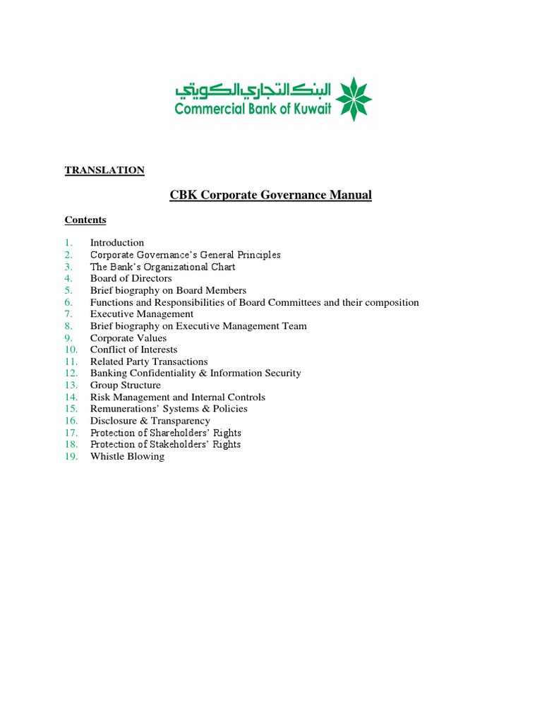 CBK Corporate Governance Manual Summary | PDF | Corporate Governance ...