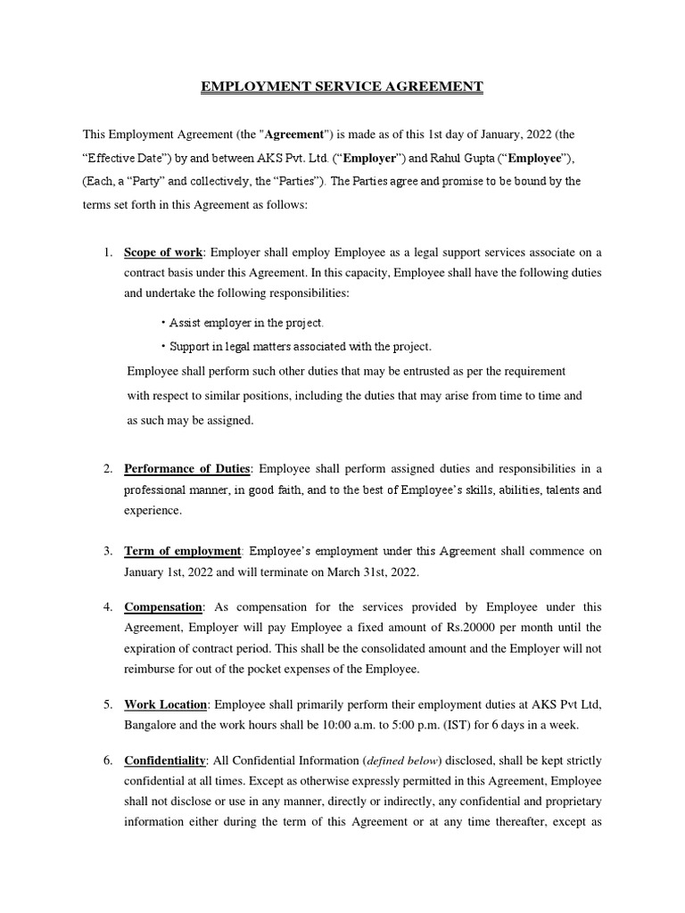 Employment Service Agreement | PDF | Confidentiality | Employment