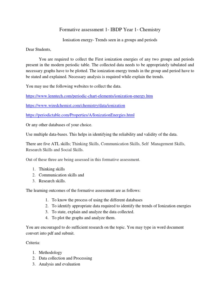 Formative Assessment 1-IBDP Year 1 - Chemistry | PDF | Educational ...