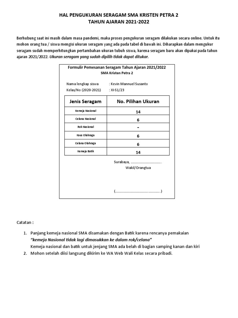 Form Pengukuran Seragam 21-22 | PDF