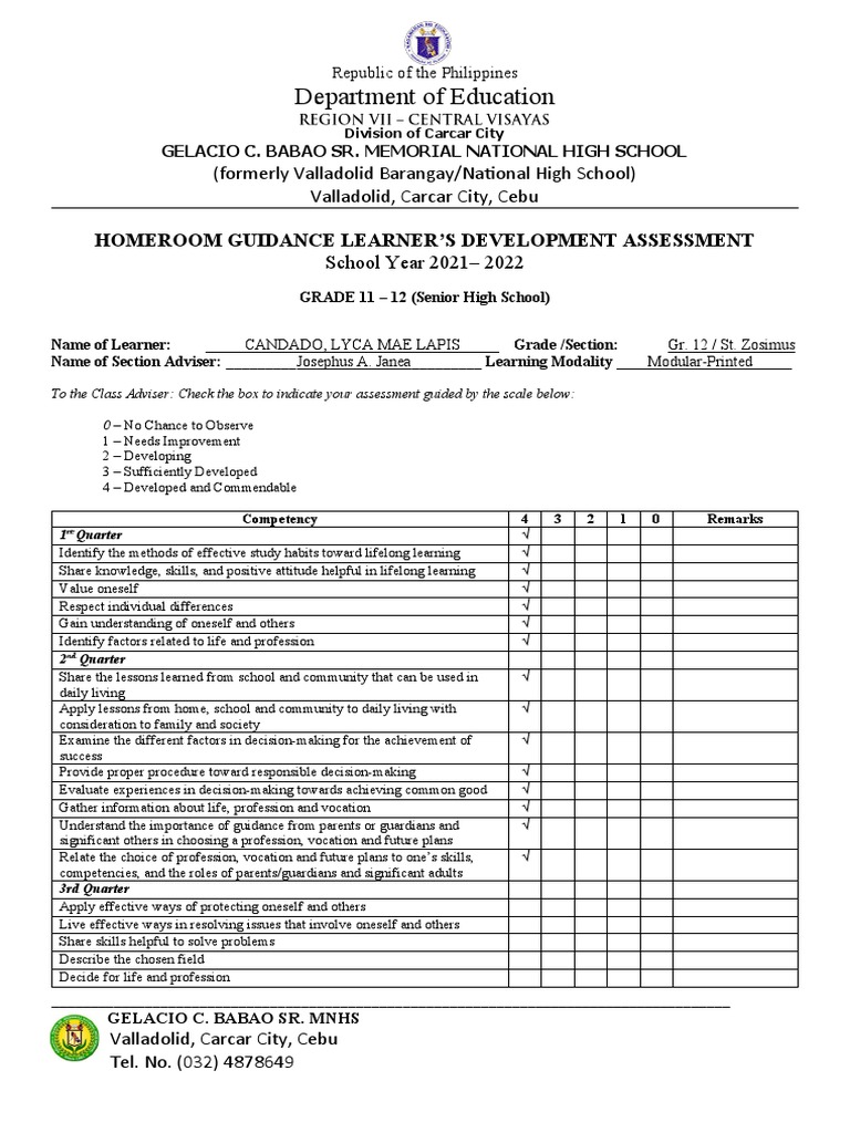 Department of Education: Homeroom Guidance Learner'S Development ...