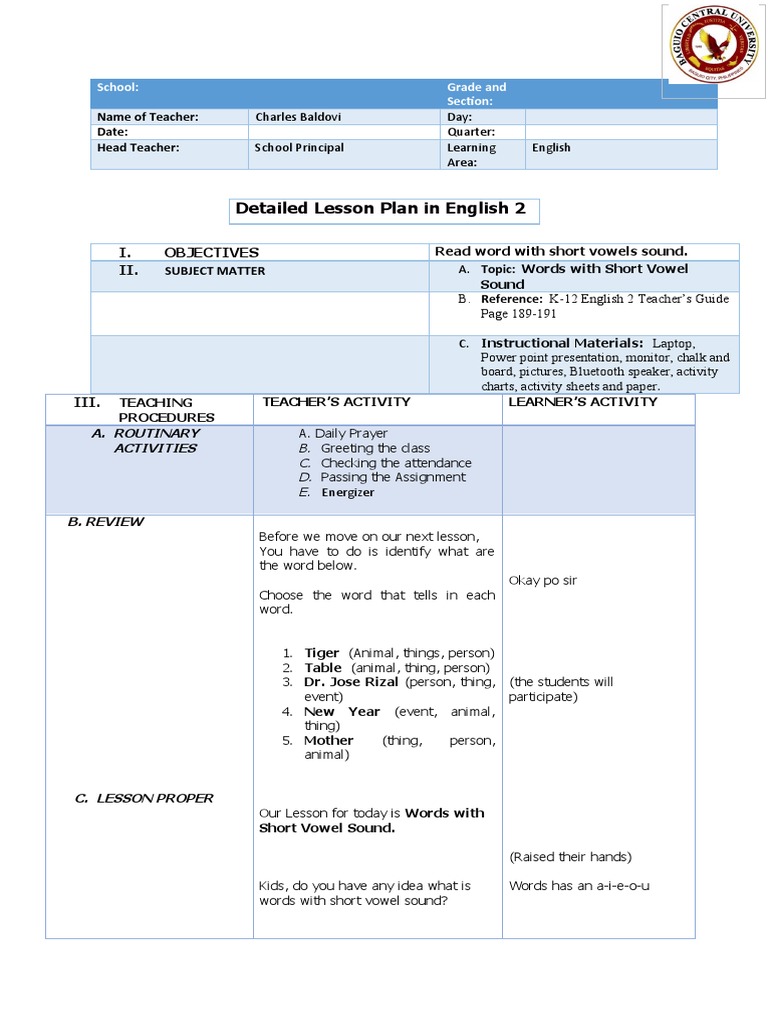 Detailed Lesson Plan in English 2: I. Objectives II | PDF | Consonant ...