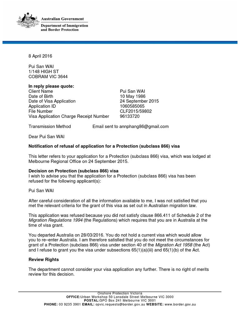 Australia Protection Visa Refusal Notice | PDF | Travel Visa | Immigration