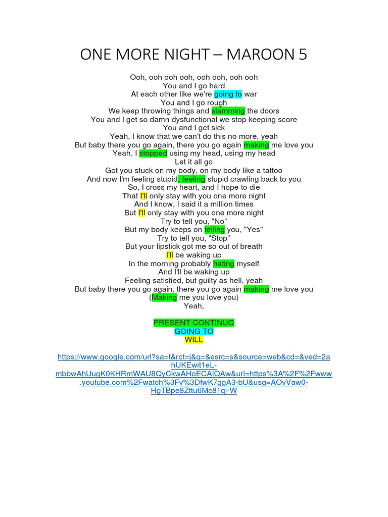 Maroon 5's "One More Night" Lyrics | PDF