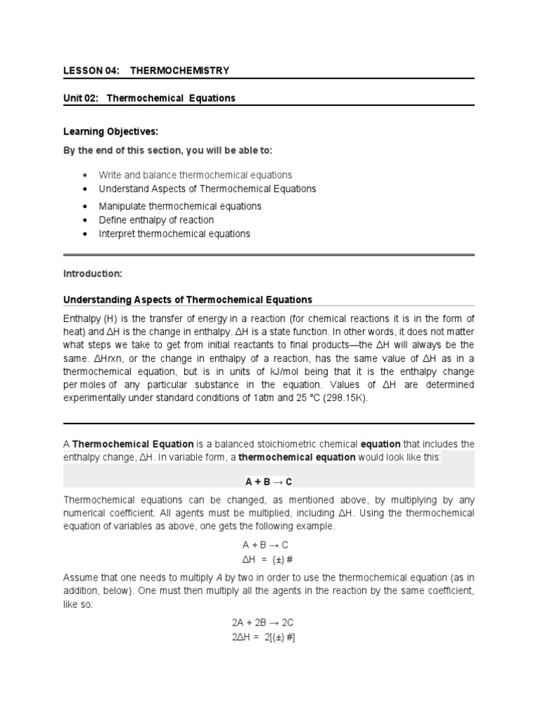 Lesson 04: Thermochemistry Unit 02: Thermochemical Equations Learning ...