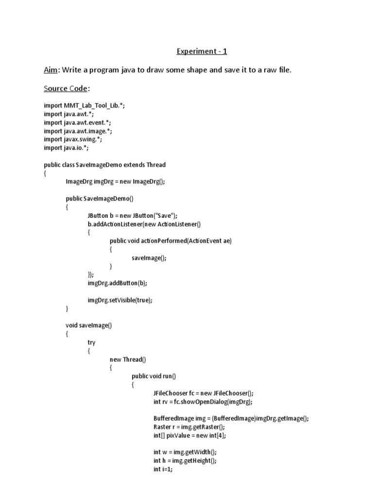 Experiment 1 Aim Write A Program Java To Draw Some Shape And Save It To A Raw File Source