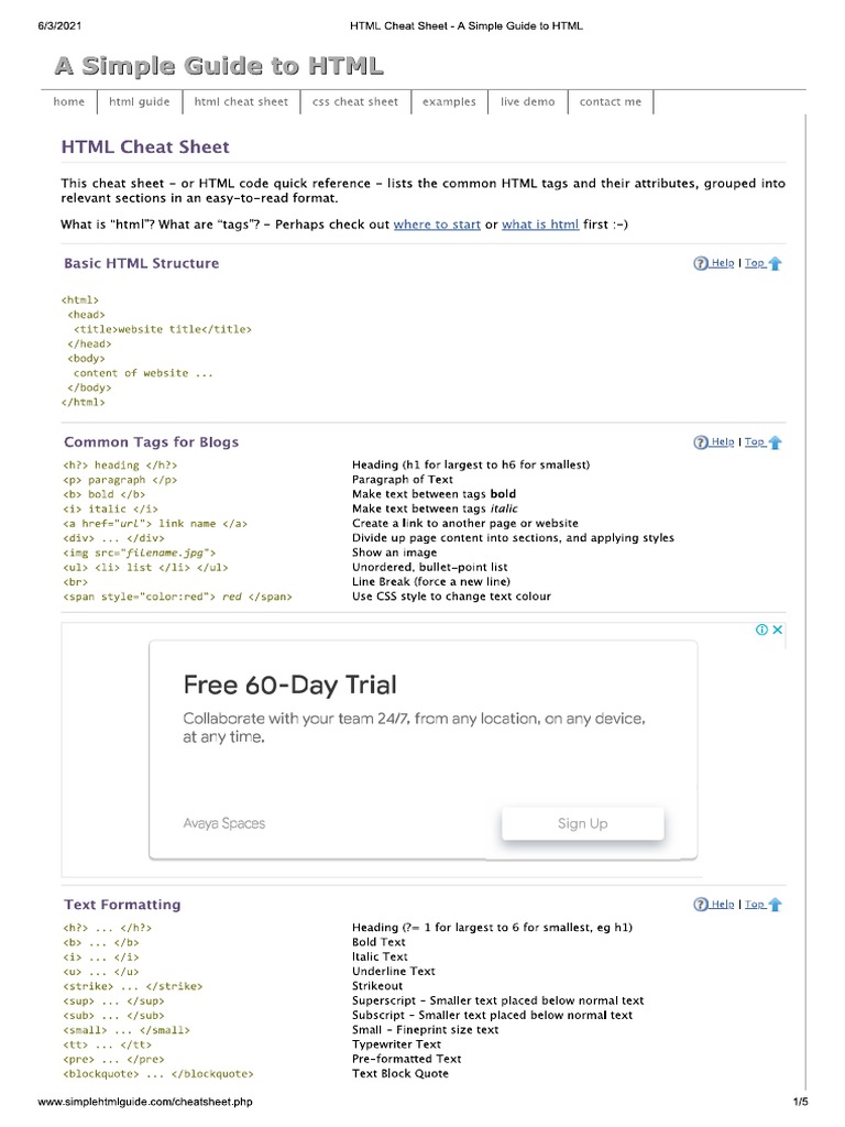 HTML Cheat Sheet | PDF