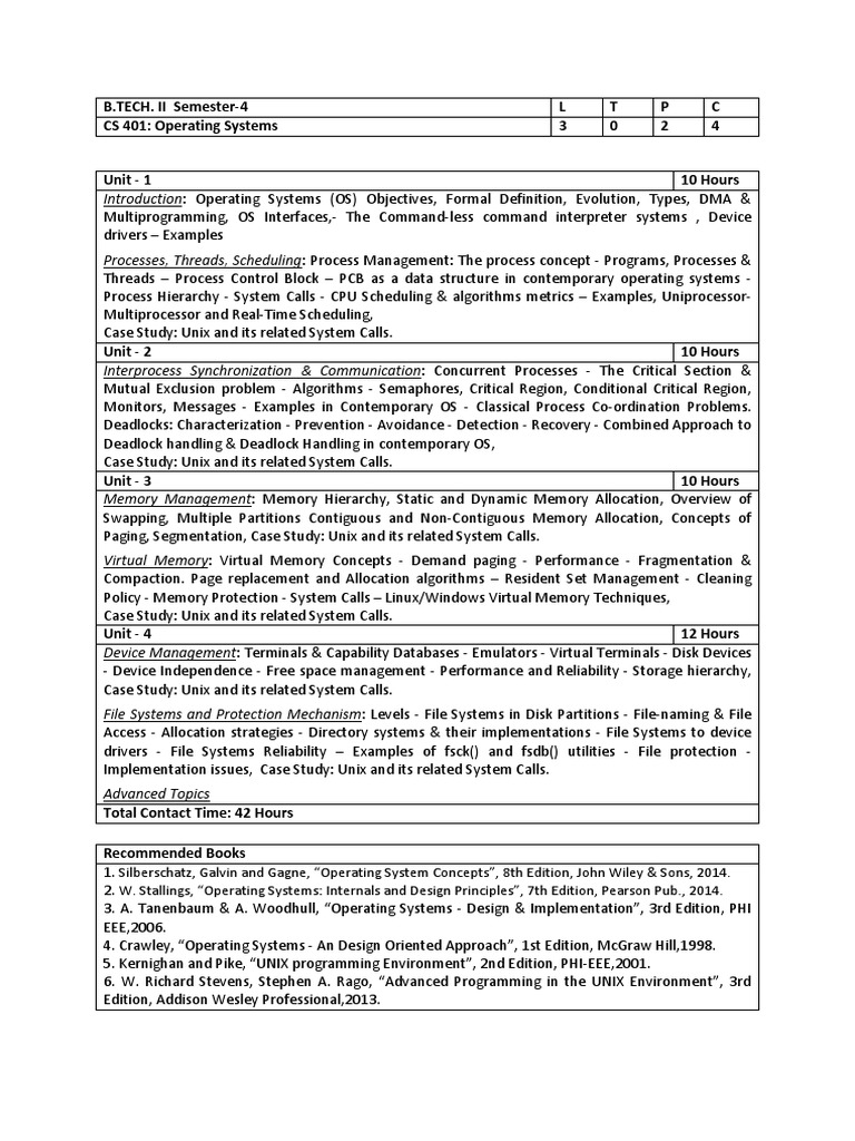 Btech Ii Semester 4 L T P C Cs 401 Operating Systems 3 0 2 4 Pdf Parsing Computer Network