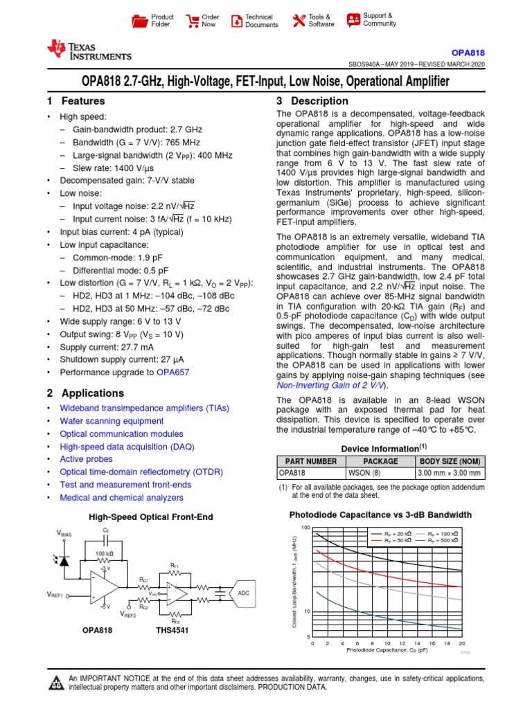 Opa818 2.7-Ghz, High-Voltage, Fet-Input, Low Noise, Operational Amplifier | PDF | Amplifier ...