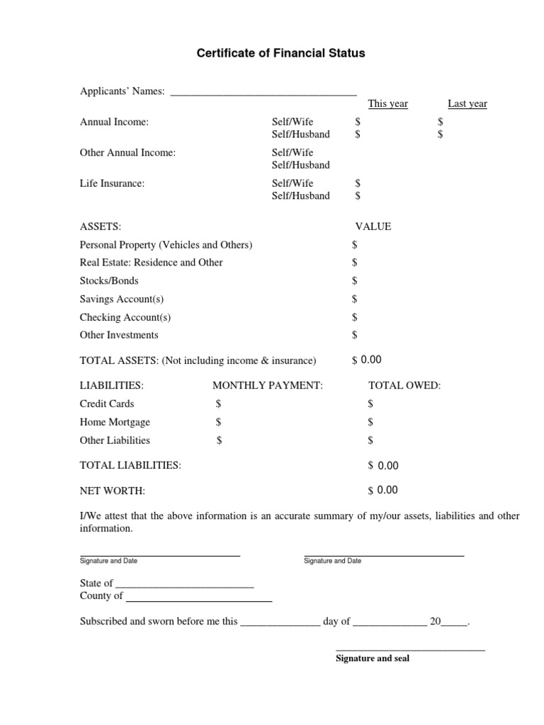 Certificate of Financial Status Template | PDF | Business | Finance ...