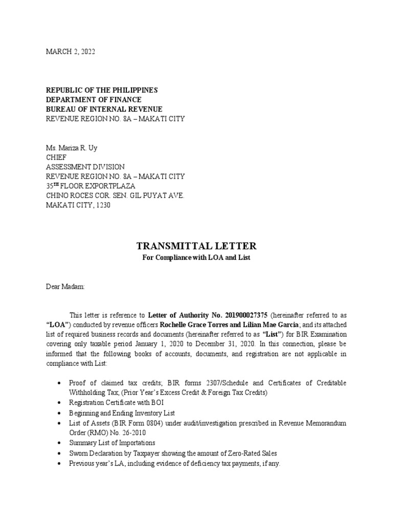 Transmittal Letter | PDF | Taxes | Receipt