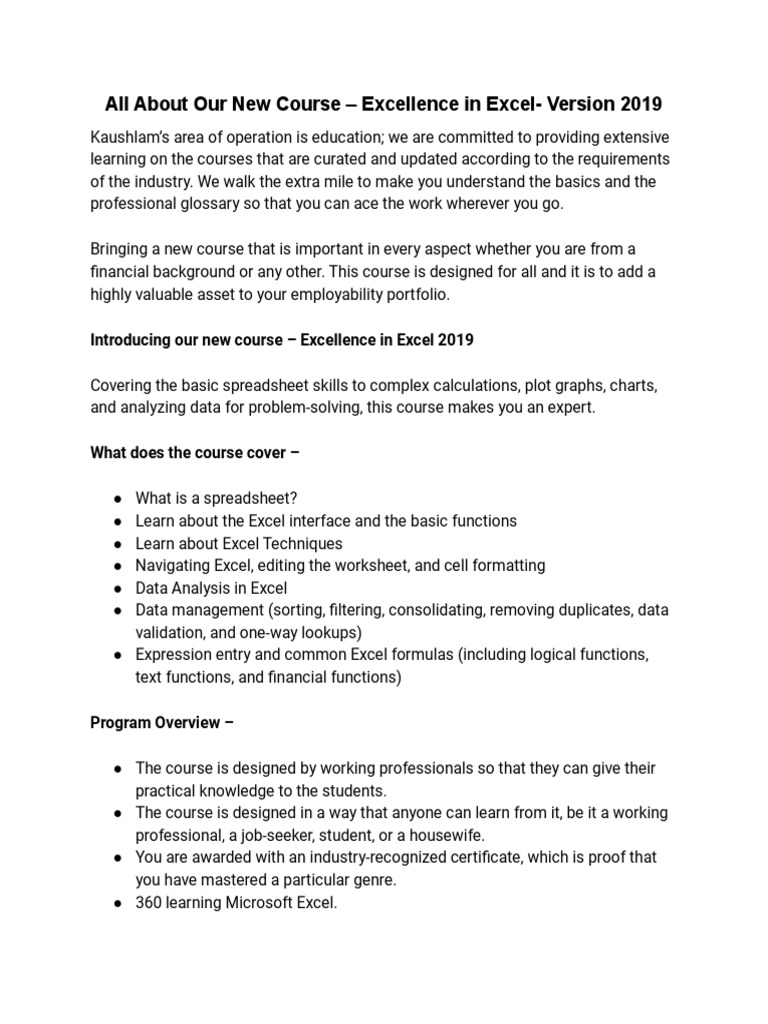 Excellence in Excel Course - Version 2019 | PDF | Career & Growth | Art