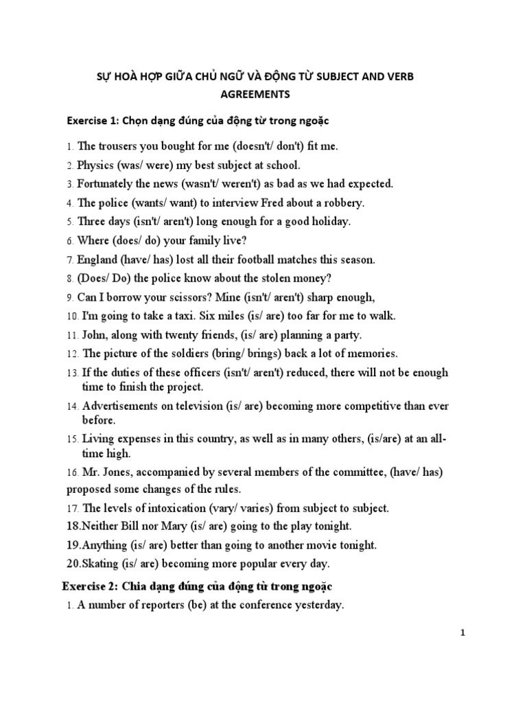 S HOÀ H P GI A CH NG VÀ Đ NG T SUBJECT AND VERB AGREEMENTS Ss | PDF