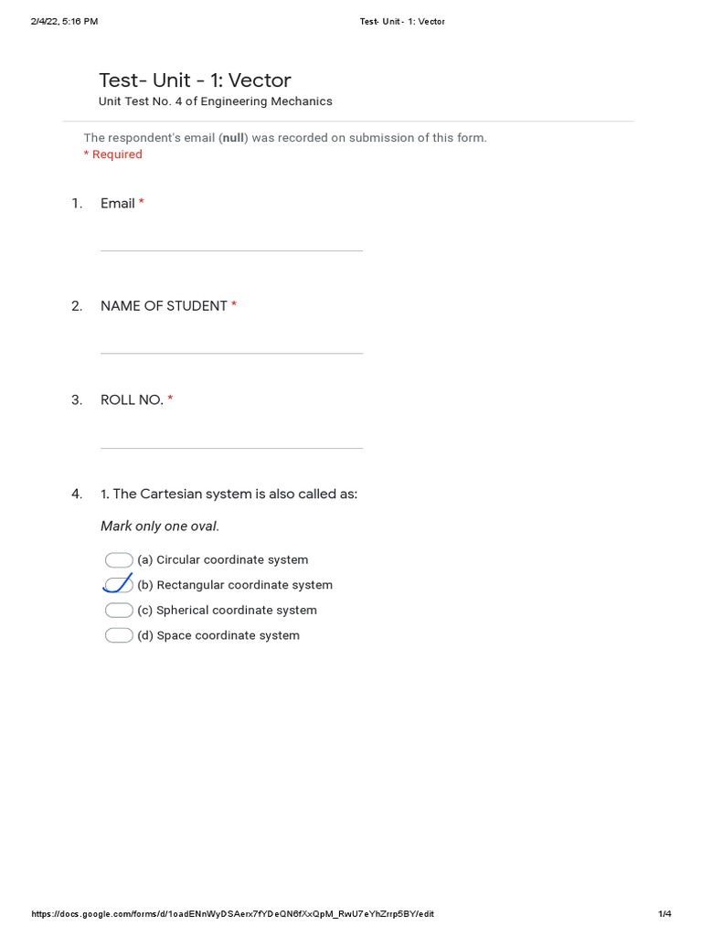 Test - Unit - 1 - Vector - Google Forms | PDF | Cartesian Coordinate ...
