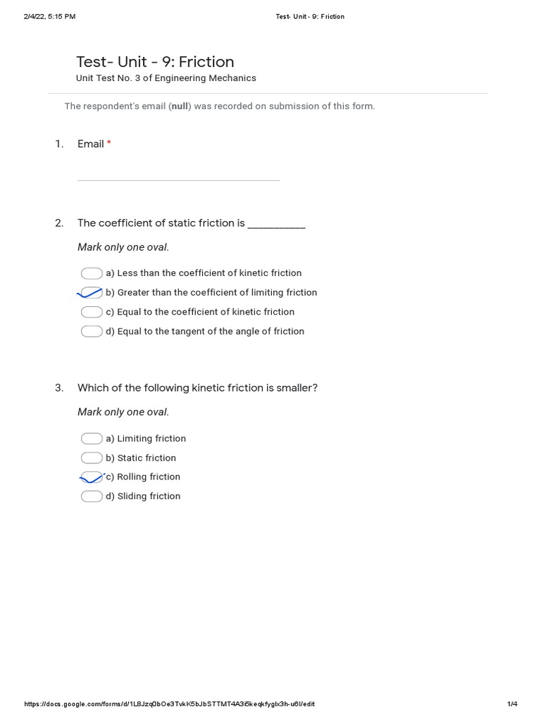 Test - Unit - 9 - Friction - Google Forms | PDF | Friction | Mechanics