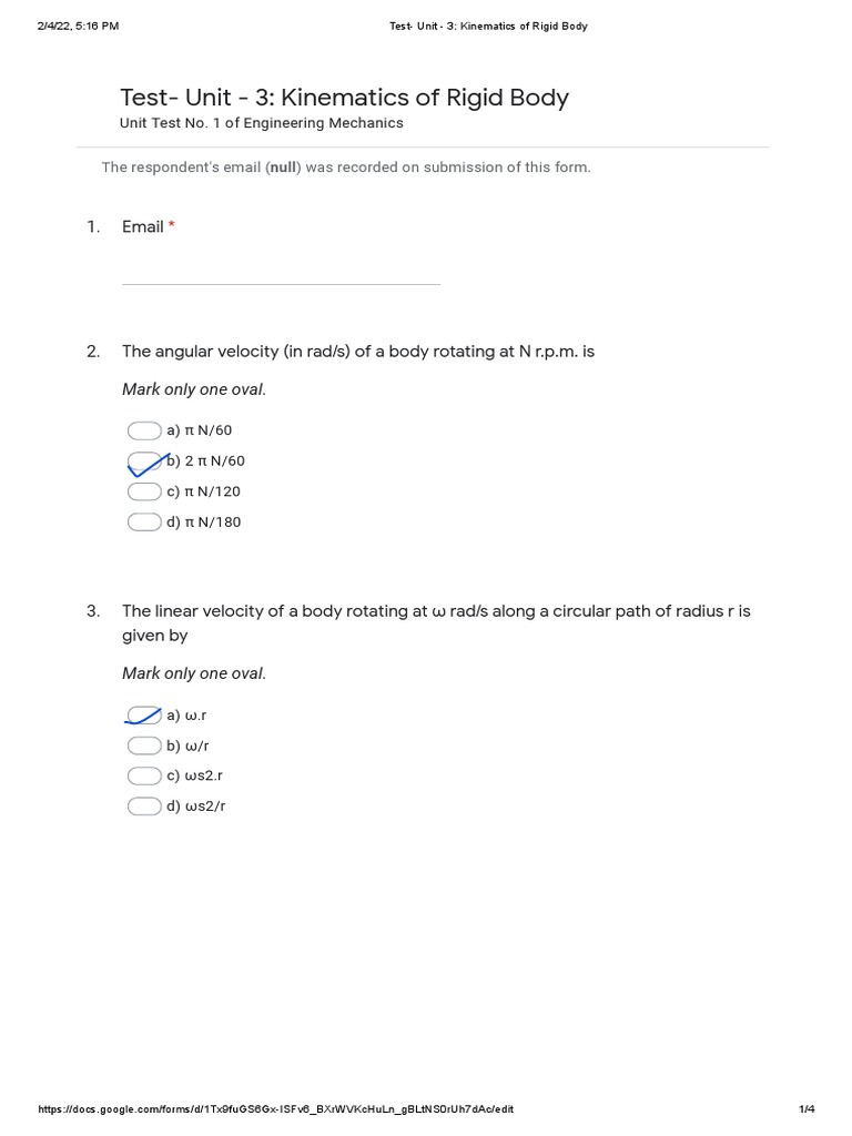 Test - Unit - 3 - Kinematics of Rigid Body - Google Forms | PDF