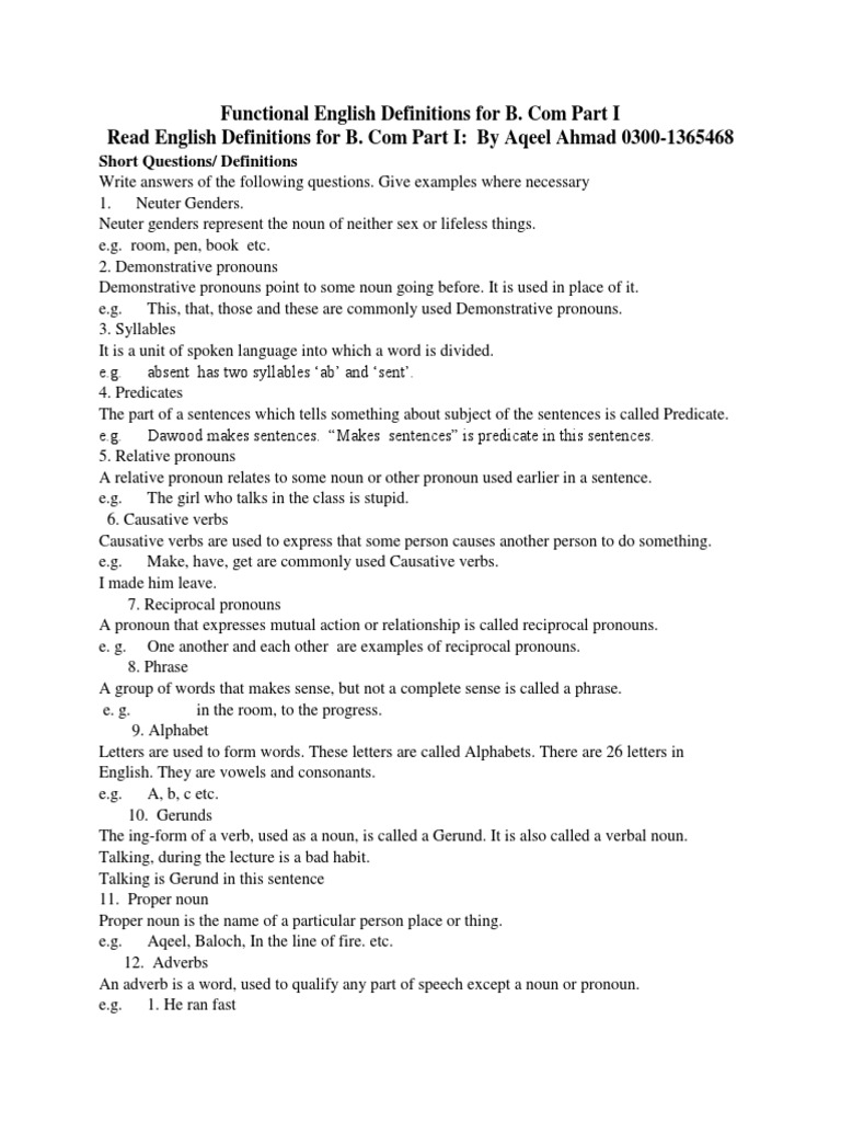 Functional English Definitions for B. Com | PDF | Verb | Pronoun