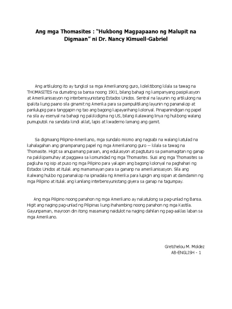 Ang Mga Thomasites - "Hukbong Magpapaano NG Malupit Na Digmaan" Ni DR | PDF
