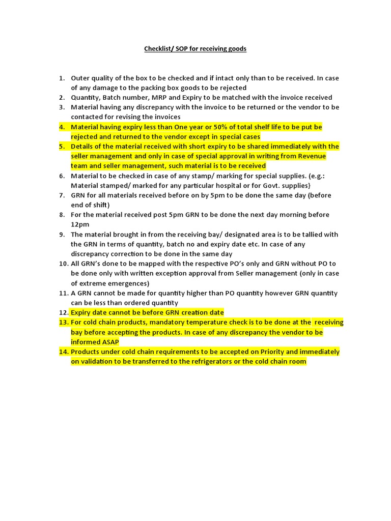 Goods Receiving Procedure Checklist | PDF | Finance & Money Management ...