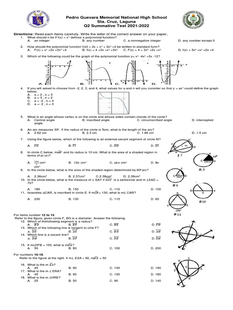 Math 10 Q2 Summative Test 2021-2022 | PDF | Angle | Circle