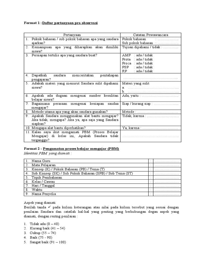 Daftar Pertanyaan Pra Observasi | PDF